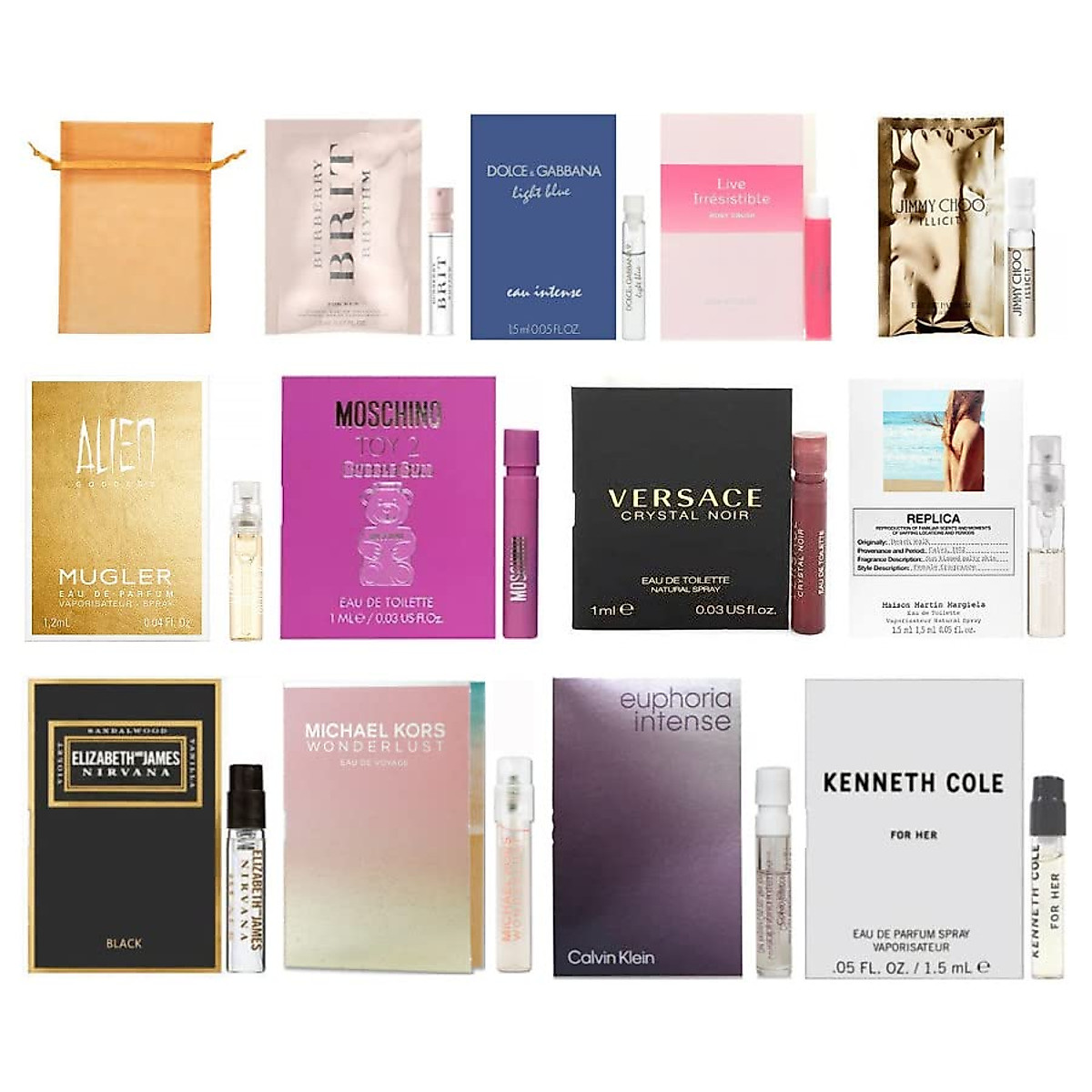 12 Women's Perfume Fragrance Samples with Organza Bag (As Pictured), 0.05 Fl Oz (Pack of 12)