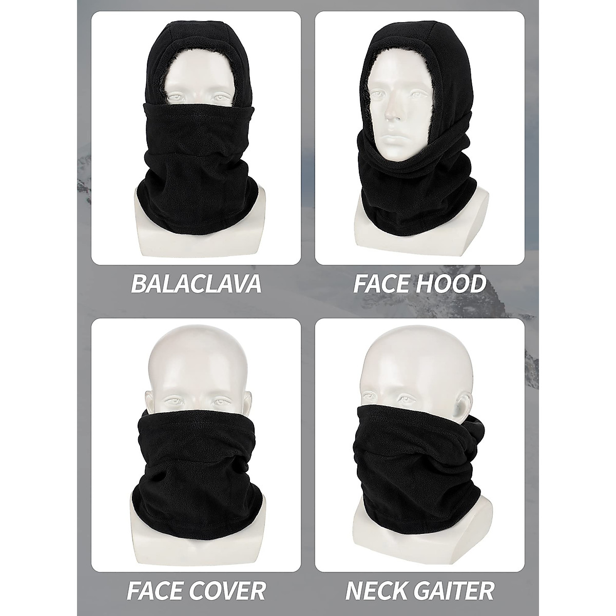 Winter Balaclava Hat Fleece Full Face Covering Scarf with Drawstring (Grey, Black, 2)