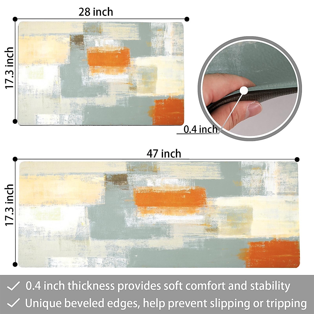 Orange Kitchen Rugs and Mats Set of 2 Cushioned Anti-Fatigue Kitchen Floor Mat 0.4 Inch Thick Burnt Orange Grey Kitchen Mat PVC Non-Slip Waterproof Standing Mat for Sink,Laundry, 17x28+17x47 inch