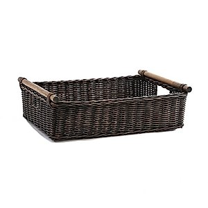 The Basket Lady Low Pole Handle Wicker Storage Basket, Extra Large, 21.5 in L x 14.5 in W x 6.5 in H, Antique Walnut Brown