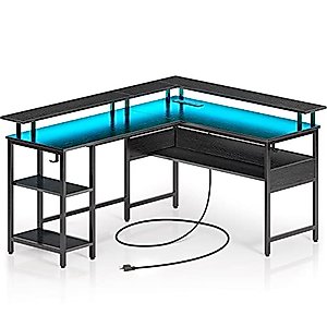 Rolanstar Computer Desk L Shaped with LED Strip & Power Outlets, Reversible L Shaped Computer Corner Desk with Monitor Stand, Home Office Gaming Desk with USB Port&Hook, Black