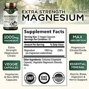 Magnesium Supplement (Citrate Oxide) 1000mg for Best Absorption, Supports Bone, Heart Health, Nerves, Muscles & Metabolism, Nature's Pure Magnesio Vitamin Pills, Bottled in USA, 60 Capsules