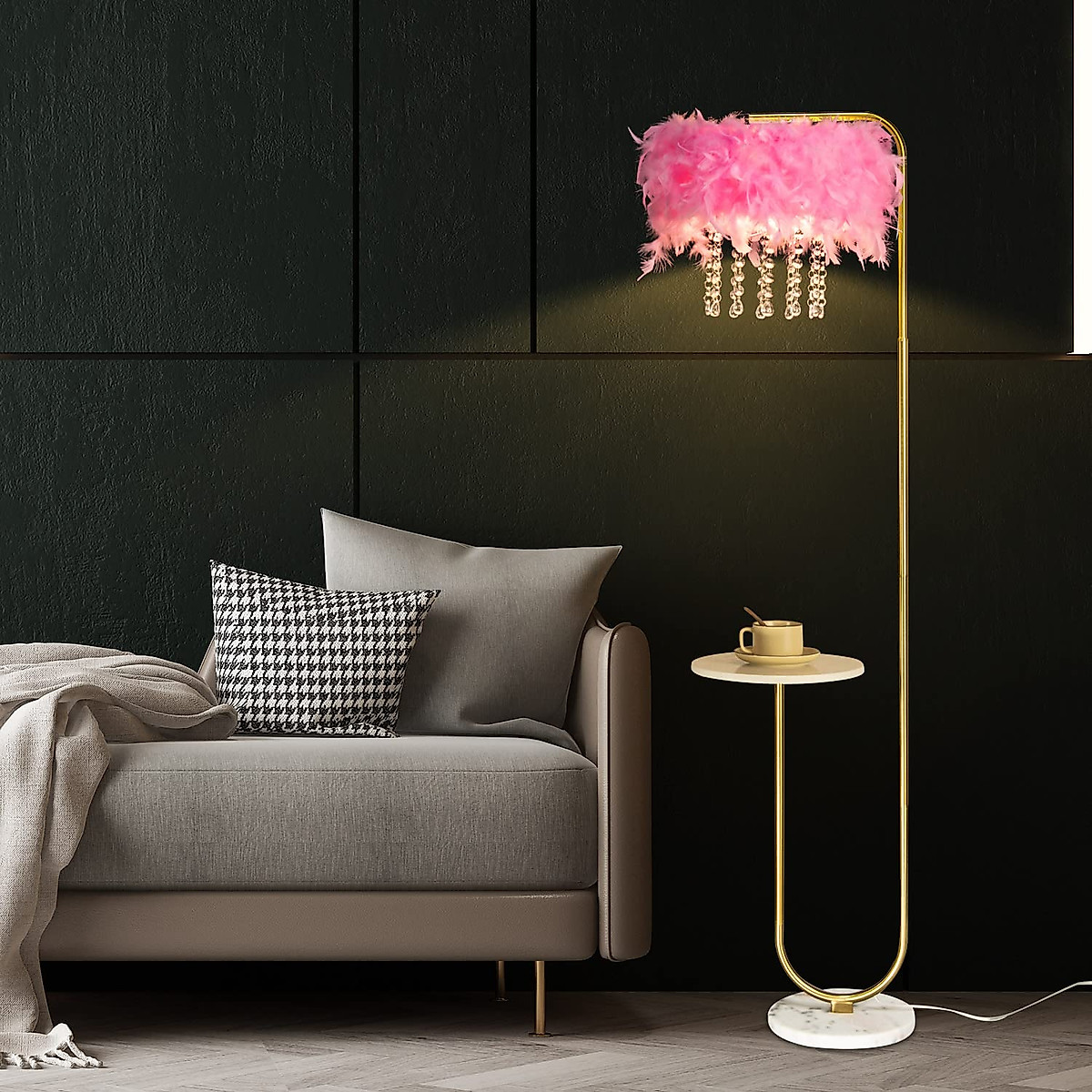 beaysyty Unique Led Pink Feather Floor Lamp with Tray,Ostrich Feather Stand Lamp,Living Room Bedroom Office Shop Window Decoration Lamp,Foot Switch and Brass/Gold Finish Arc Floor Lamp