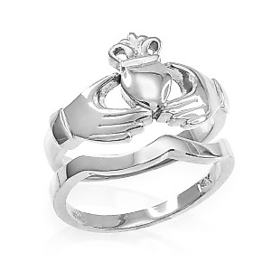 Solid 925 Sterling Silver Two-Piece Claddagh Engagement and Wedding Ring Set (Size 9)