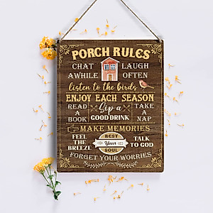 Porch Sign Gifts, Rustic Porch Rules Chat Awhile Laugh Often Wooden Signs Wood Plaque Hanging Sign Home Porch Decor 8 x 10 Inches