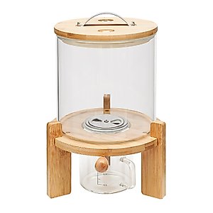 DYNAMI 5L Glass Rice Dispenser with Airtight Lid,Glass Cereal Dispenser w/Bamboo Stand and Measuring Cup,Bamboo Lid with Thermometer & Silicone Seal Ring,for Kitchen Organization Pantry Store