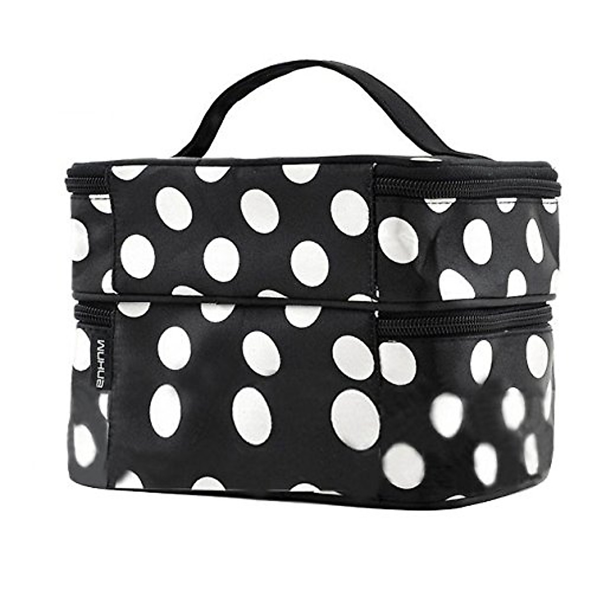 BONAMART Small Travel Makeup Bag Cosmetic Organizer Case for Women, Professional Double Layer Black Pink Dot Toiletry Train Brush Bags With Mirror for Girls Ladies (7.87x4.72x5.51 Inches)