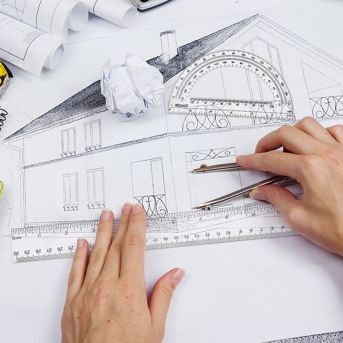 Zonon 2 Pack 12'' Plastic Ruler and 6'' Plastic Protractor Set Clear Ruler Protractor Set Math Geometry Supplies for School Classroom Home Office Drawing(Clear)