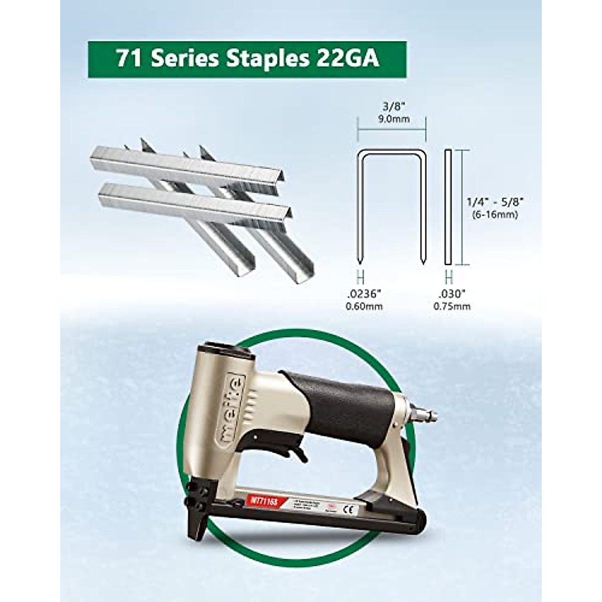 meite MT7116S Pneumatic Upholstery Stapler 22 Gauge 71 Series 3/8" Crown Industrial Fine Wire Stapler with Safety
