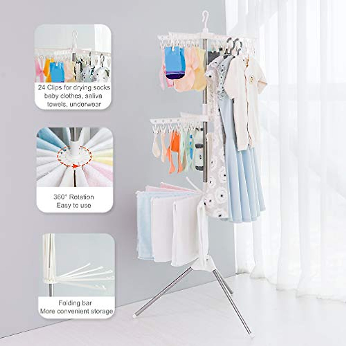 Hershii 3 Tiers Collapsible Clothes Drying Rack Folding Tripod Laundry Garment Storage Hanger Organizer Indoor Outdoor Space Saver with 48 Clips & 16 Towels Bars - Ivory