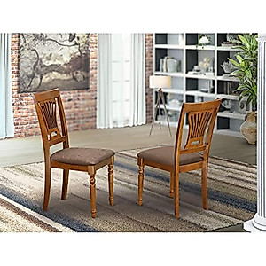 East West Furniture Plainville Dining Room Linen Fabric Upholstered Solid Wood Chairs, Set of 2, Saddle Brown