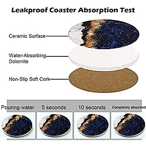 RoomTalks Blue and Gold Marble Coasters for Drinks Absorbent 4PCS Modern Abstract Ceramic Coaster Set Cork Back Glitter Stone Coasters for Wooden/Coffee Table (Navy, 4 Pieces)