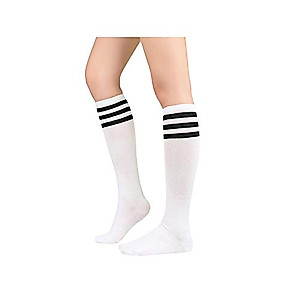 Komorebi Women's Knee High Athletic Socks Stripes Tube Sport Socks Soft Strench High Socks for Women Outdoor White Black One Size