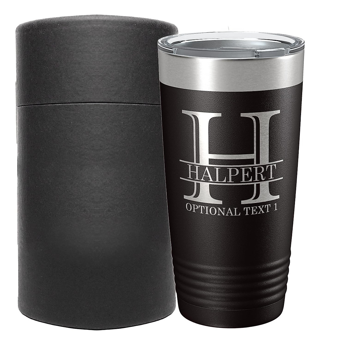 Personalized 20oz (17 Colors) Powder Coated Insulated Stainless Steel Tumbler with Lid, Custom Etched, Customized Engraved Gift Idea for Women Men Her Him, Halpert Monogram Initial Name (Black)