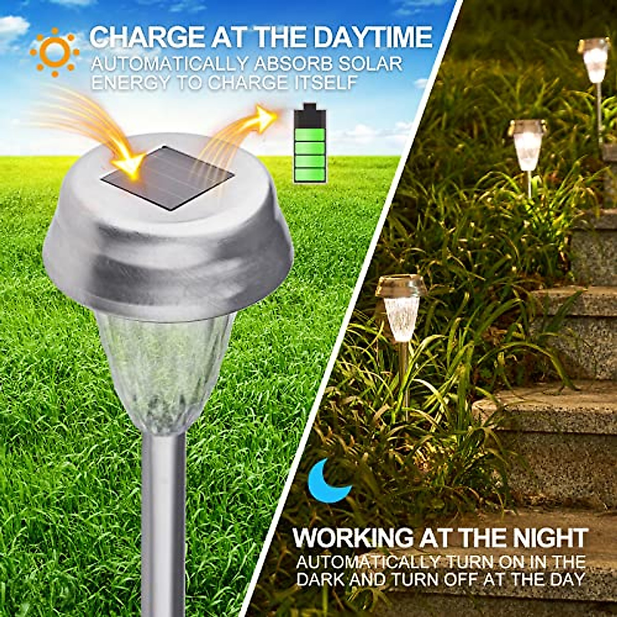 QEEPGG Solar Lights Pathway Outdoor Waterproof Stainless Steel Metal Plastic Auto On/Off Solar Powered Landscape LED Lighting for Garden Yard Walkway Lawn, Patio, Deck, Driveway Stakes