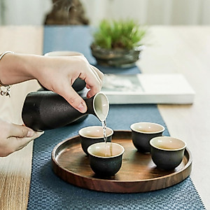 Tosnail 7 Pieces Ceramic Japanese Sake Set with Warmer, Hot Saki Set - Black