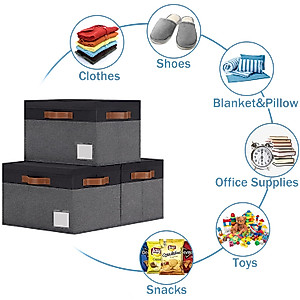 GhvyenntteS Fabric Storage Bins with Lids 3 Pack, Closet Storage Boxes with Lid and 3 Handles, Foldable Storage Baskets with Lids and Label Window for Home Office (Grey&Black, 15" x 11" x 9.7")