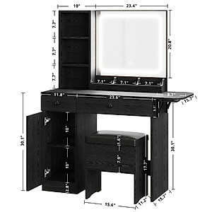 IRONCK Vanity Desk with LED Lighted Mirror & Power Outlet, Makeup Table with Drawers & Cabinet,Storage Stool,for Bedroom, Black