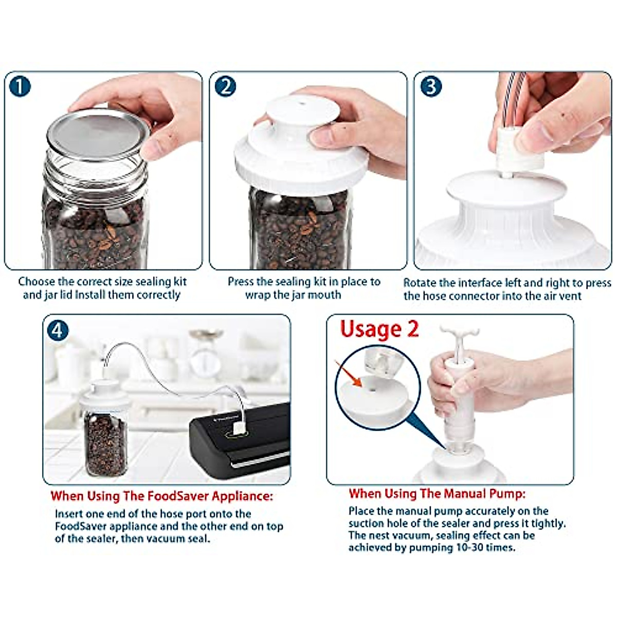 Mason Jar Vacuum Sealer Kit for FoodSaver - Food Saver Glass Jars Sealer Attachment With Accessory Hose and Manual Portable Vacuum Pump for Ball 4PCS Wide & Regular Mouth Lids