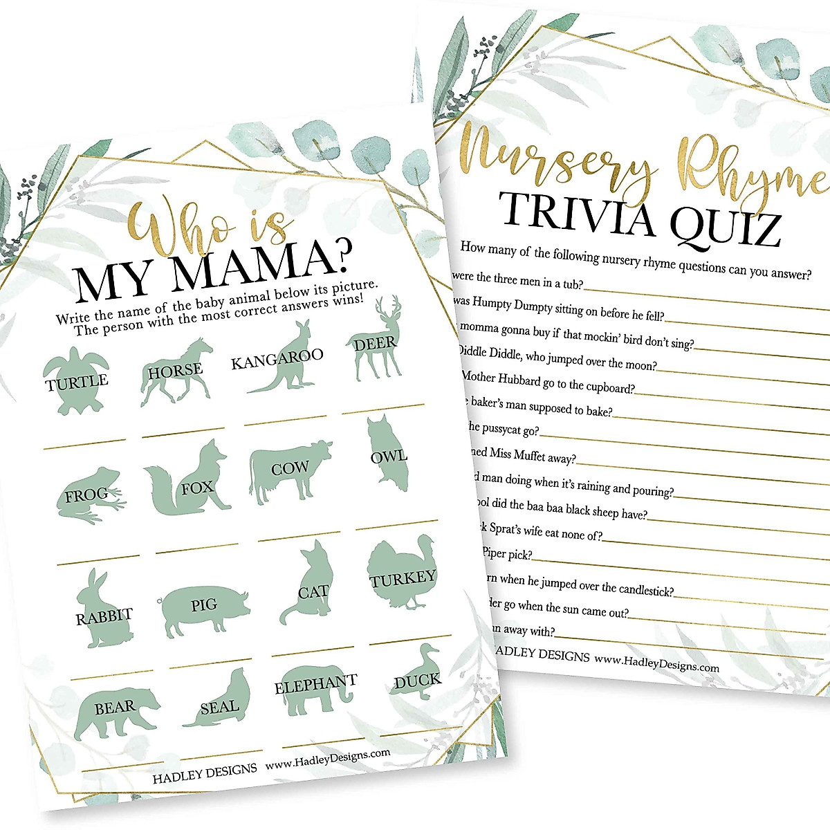 25 Greenery Animal Matching, 25 Nursery Rhyme Game, 25 Who Knows Mommy Best, 25 Baby Prediction And Advice Cards - 4 Double Sided Cards, Baby Shower Party Supplies