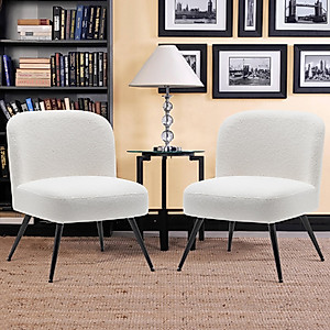 Aklaus Sherpa Boucle Accent Chairs Set of 2 for Living Room Bedroom.Upholstered Reading Chair Teddy White Modern Armless Chair with Larger Seat Comfy Side Chairs for Office Waiting Room