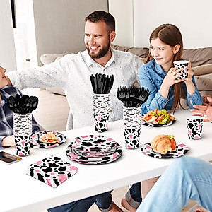 durony 350 Pieces Pink Cow Print Party Tableware Set Including Cowgirl Pink Cow Party Plates Cups Napkins Knives Forks Spoons Serves 50 for Baby Shower Farm Cow Party Decorations