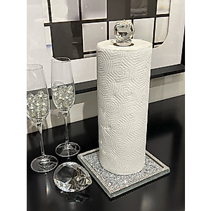 Bling Crystal Paper Towel Holder Roll Holder, Cute and Filled with Sparkly Crushed Diamonds, Stunning Silver, Mirrored Glass, Kitchen Countertop / Bathroom Tissue Holder, 13in x 6.3in