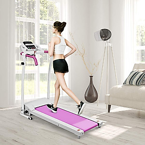 GYMAX Foldable Treadmill, Portable Treadmill with with 12 Preset Programs, LCD Monitor, Built-in Wheels & Pulse Sensor, Freestanding Easy Assembly Running Machine for Small Space Home Gym (Pink)