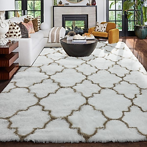 Amdrebio White and Beige Rugs for Living Room, 7x10 Rug, Soft Large Area Rug for Bedroom, Fluffy Neutral Boho Rug for Kids Room, Geometric Morrocan Shaggy Carpet for Playroom, Big Thick Floor Rug