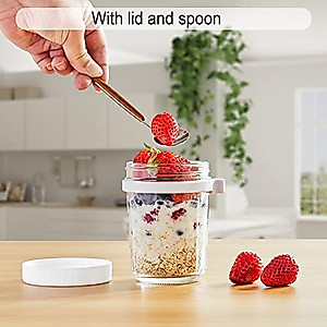 Overnight Oats Containers with Lids 2, 10oz Wide Mason Jars with Spoon - Great for on-the-go cereal containers - Very convenient for use on the go, Sealed glass jars are ideal for home, office or on-the-go (White)
