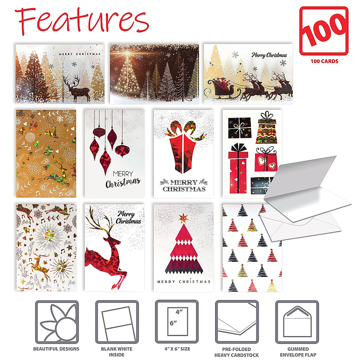 Christmas Holiday Greeting Cards with Gold and Metallic Foil, 100 Pack, 4 x 6 inch, 11 Assorted Designs with 3-D Prism Effect, Blank Inside,by Better Office Products,with Envelopes,100 Christmas Cards