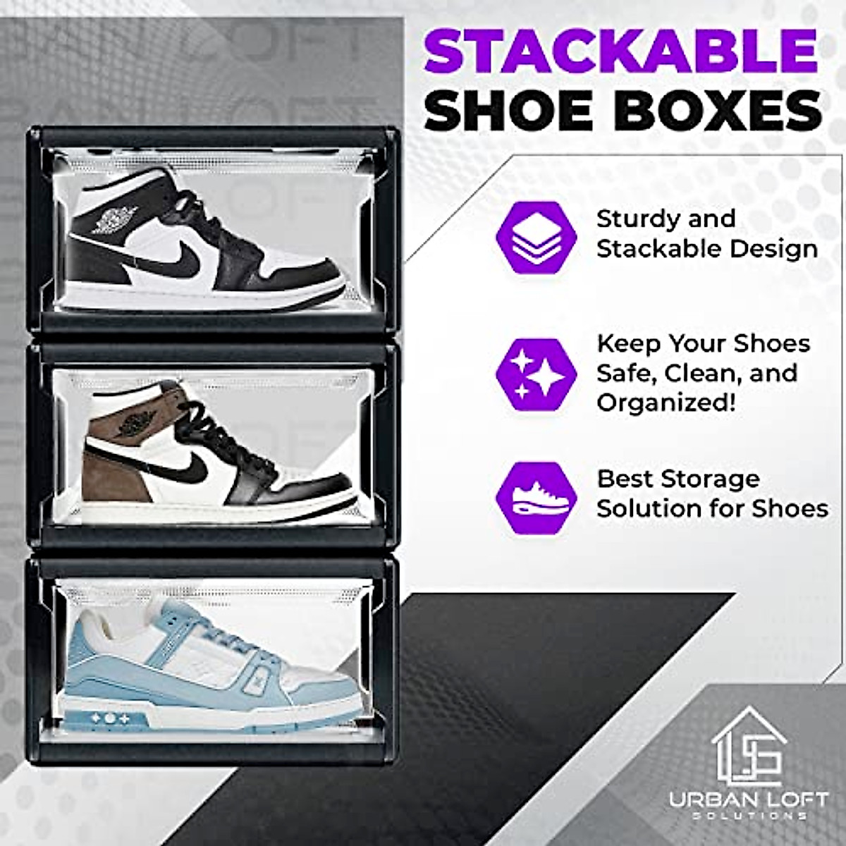 Urban Loft Premium Acrylic Shoe Boxes Stackable,Clear shoe organizer for Closet-Pack Of 1| Large sneaker storage box | Sneaker Clear Shoe Case for Sneakerheads with Drop Lid Shoe Display Case, Black
