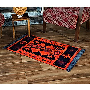 Secret Sea Collection Modern Bohemian Style Small Area Rug, 2' x 3' ft, Cotton, Washable, Reversible (Black-Orange)
