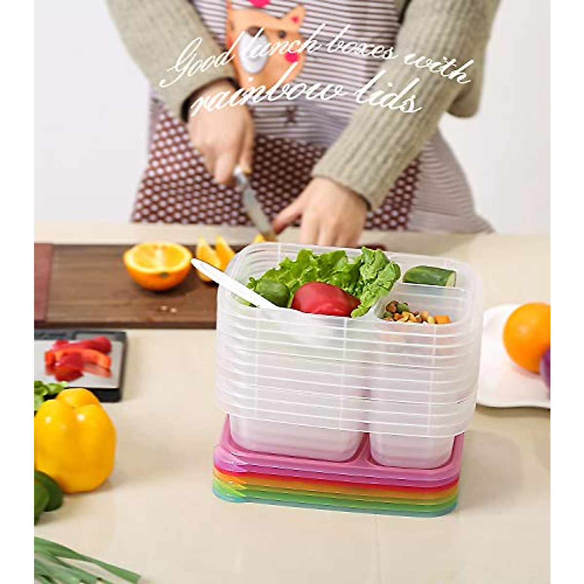 Meal Prep Containers 3 Compartment Food Storage Containers Microwave Dishwasher Freezer Safe (Color mixing, 7 /10PACK (3compartment))