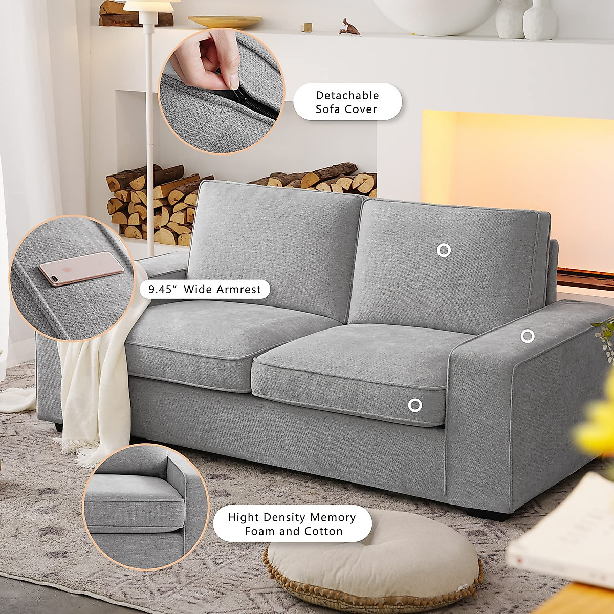 LEISLAND 88.58" Modern Sofas Couches for Living Room, Chenille Sofas & couches with Square Armrest, Removable Low-Back Sofa Cushion and Detachable Sofa Cover/Easy to Install(Light Grey)