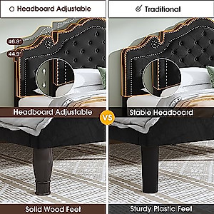 WEEWAY Queen Bed Frame with Velvet Tiara Curved Headboard and High Resilience, Upholstered Diamond Button Tufted Platform Bed with Wood Slats/No Box Spring Needed/Easy Assembly/Black
