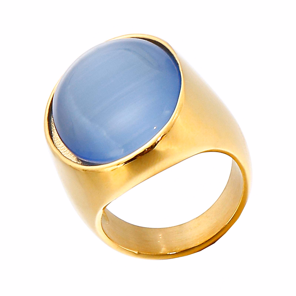 HIJONES Stainless Steel Big Oval Light Blue Cat Eye Stone Ring for Men Women Stainless Steel Wedding Promise Bands Gold Size 8