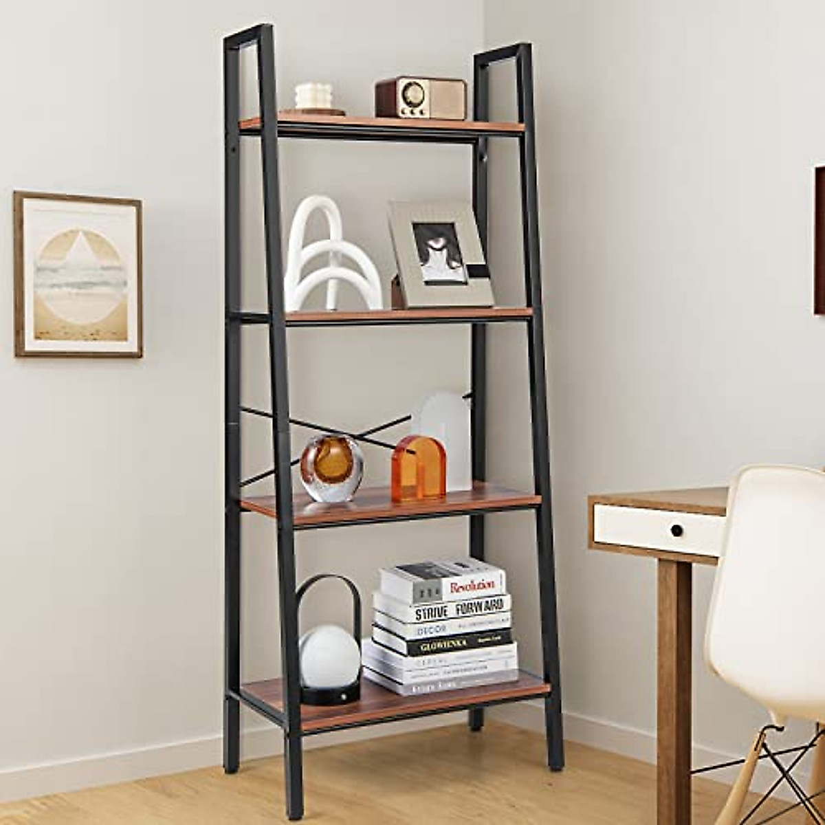 Tangkula 4-Tier Ladder Bookshelf, Freestanding Open Bookcase with Metal Frame & Anti-toppling Device, Industrial Wooden Storage Display Shelf Plant Stand for Living Room Study Balcony (2, 4-Tier)