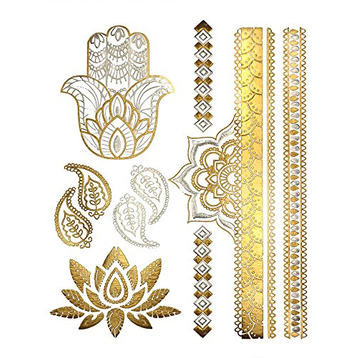 Terra Tattoos Gold Metallic Temporary Tats Geometric Henna Designs Waterproof Nontoxic Long Lasting Perfect for Beach, Festivals, & more! (Maya)