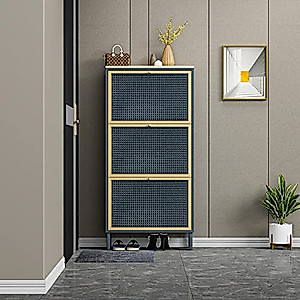 Sweiko Entryway Shoe Storage Cabinet with 3 Flip Drawers Metal Door Shoe Cabinet Organizer with Mesh Door Freestanding Shoe Rack Storage Cabinet with Wooden Top for Hallway Bedroom Mudroom Blue-Gray