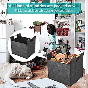 2 Pack Collapsible Felt Storage Bins,20"x16"x15" Black Storage Basket, Linen Fabric with Wooden Carry Handles for Clothes, Shoe, Book, Magazine, Wood（Large Size）