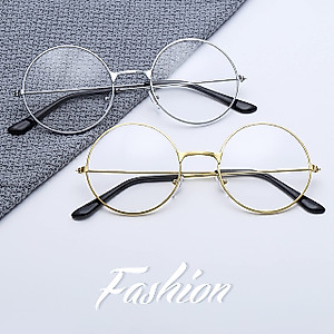 SOHUPAC 2 PCS Classic Round Glasses Retro Circle Eyeglasses Clear Lens Metal Frame Accessories Non-Prescription For Men Women (Silver+Gold)