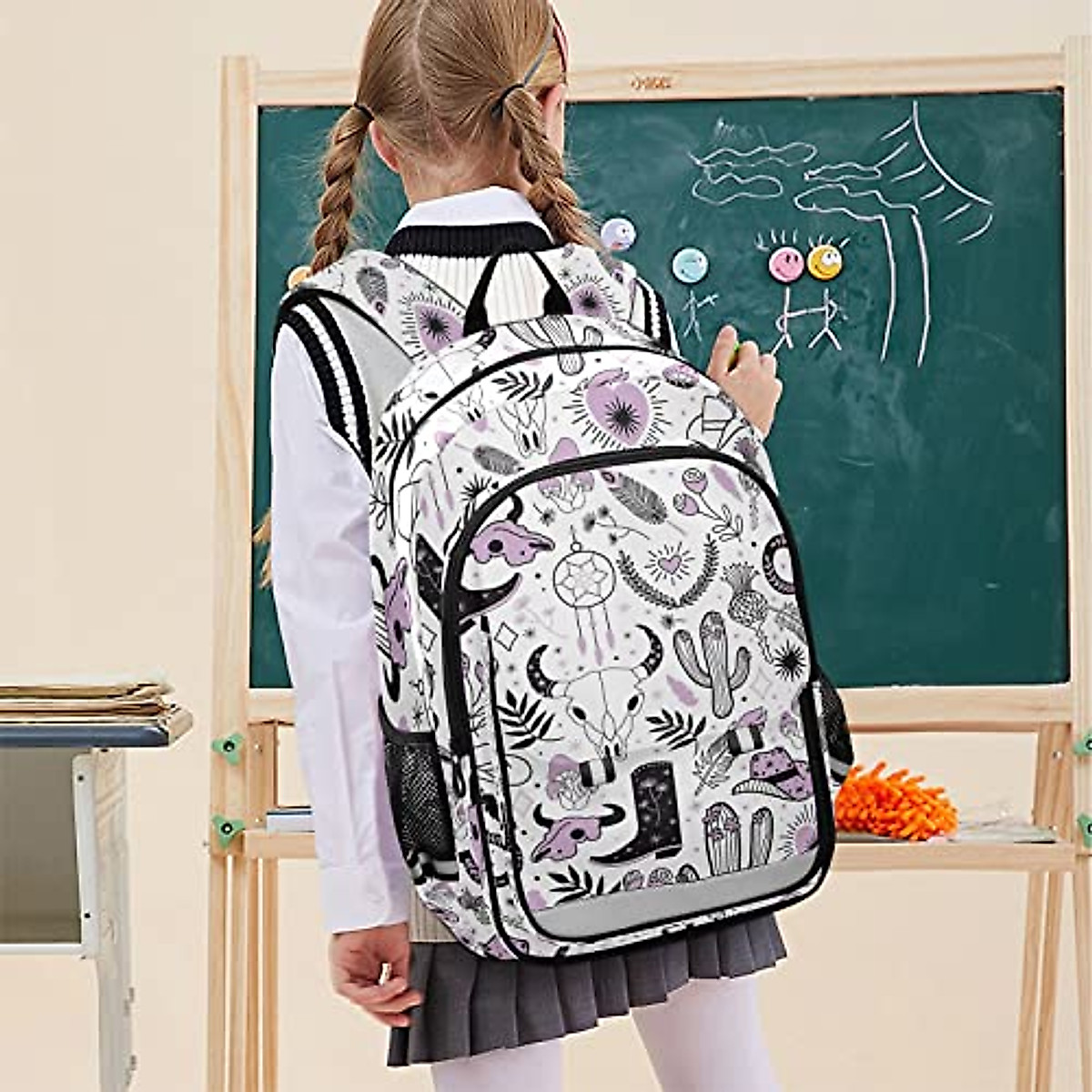 Glaphy Western Cowboy Boho Cactus Skull Dream Catcher School Backpack Lightweight Laptop Backpack Student Travel Daypack with Reflective Stripes