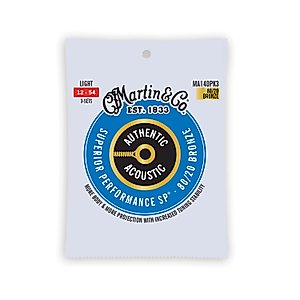 Martin Authentic Acoustic Guitar Strings, Superior Performance Light 12-54, 80/20 Bronze, 3 Pack