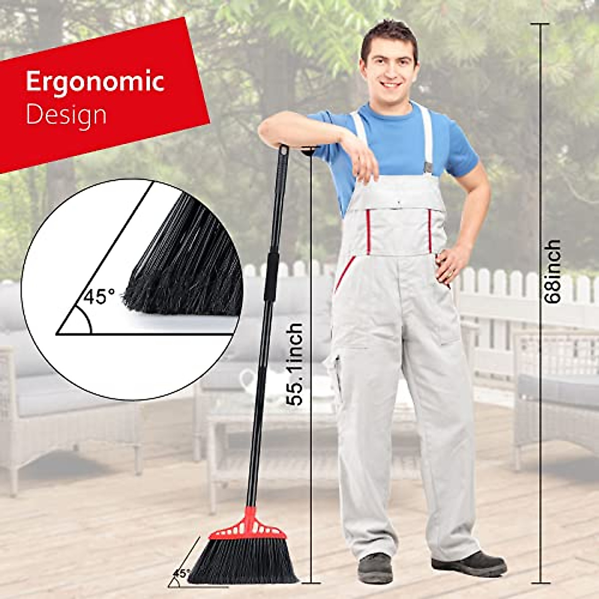 Heavy Duty Broom Outdoor/Indoor Commercial Broom with 55" Long Handle, Wide Angle Corner Broom Perfect for Garage Patio Kitchen Sidewalk Deck Porch Driveway Floor Room Rubbish Sweeping - Black and Red