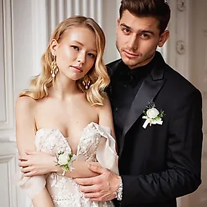 Long tiantian Prom Corsage Wristlet Band Corsage Wristlet and Boutonniere Set pearl Corsage Wristlet for White Wedding Flowers Accessories Prom Suit Decorations