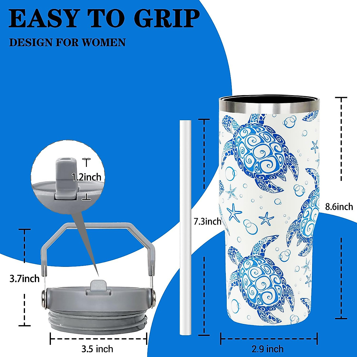 Sea Turtle Gift Tumbler with Handle and Straw, Stainless Steel Vacuum Insulated Flip Straw 30 oz Sea Turtle Tumbler Spill Proof Coffee Travel Mug Sea Turtle Gifts for Women