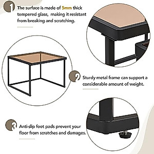 Modern Nested Coffee Table Set with High-Low Combination Design,Adjustable 2 Tier Living Room Center Table and end Table with Metal Frame and Brown Tempered Glass. (Black~Metal Frame)