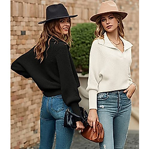 MEROKEETY Women's Batwing Long Sleeve V Neck Pullover Sweaters Foldover Collared Casual Knit Jumper Tops Black