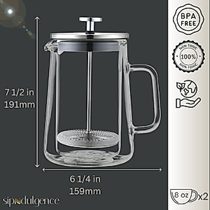 SIPNDULGENCE French Press Coffee Maker 20Oz Small Thickened Double Wall Borosilicate Glass BPA Free